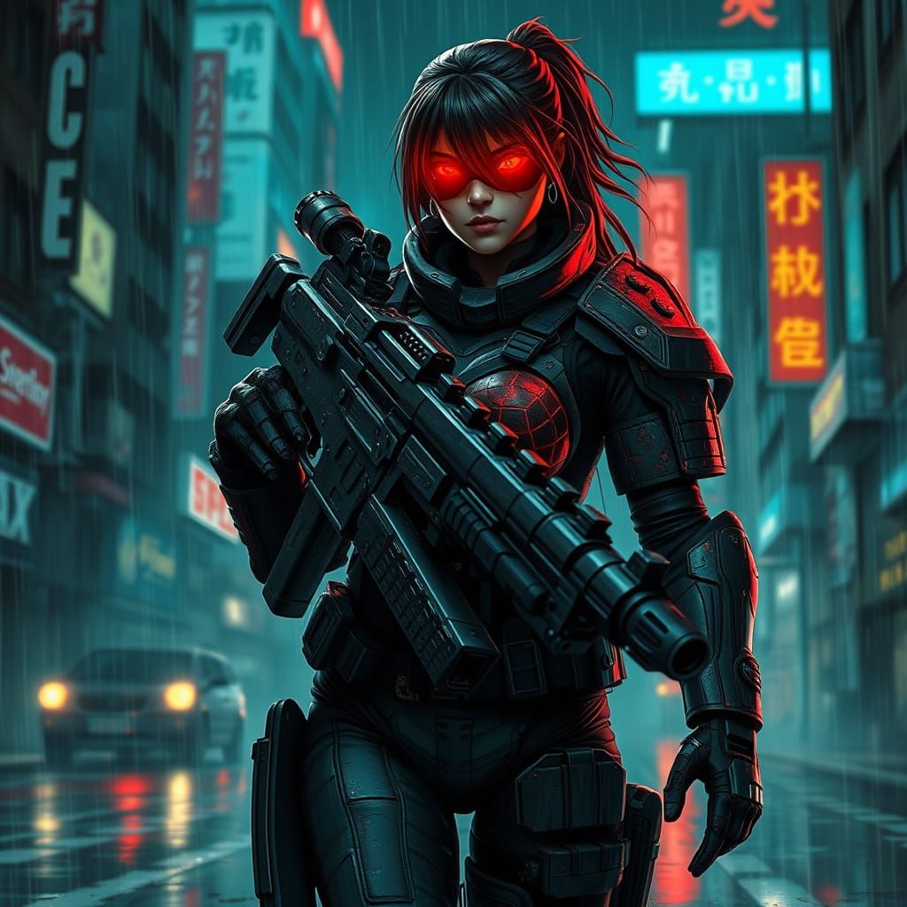The Neon Mercenary - Cyberpunk Mercenary Walks Dark City Str...