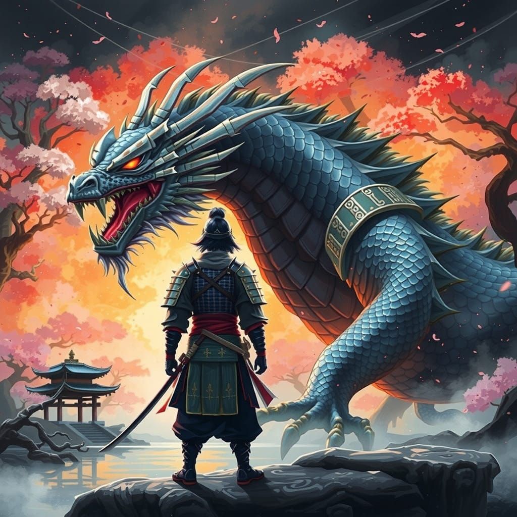 Samurai meets a magical dragon - Heroic Samurai Meets Majest...