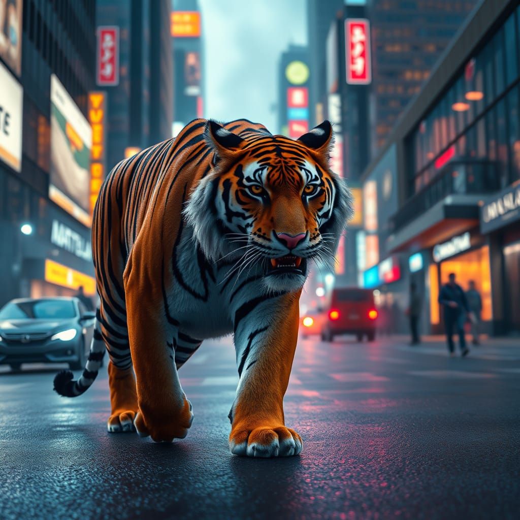 Amur and big city street - Majestic Tiger Strides Down Neon ...