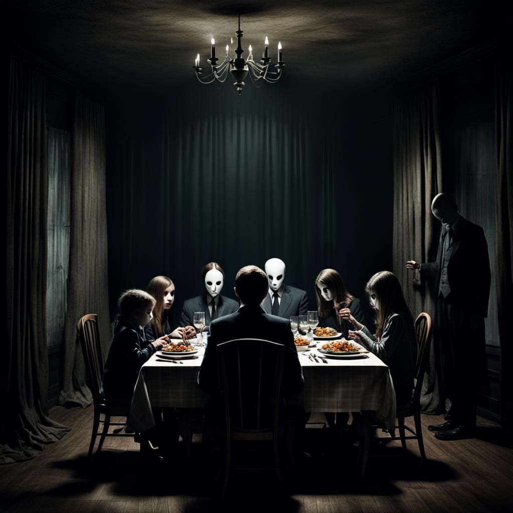 A dark scene of a family dinner. In the dark, there is a scary ...