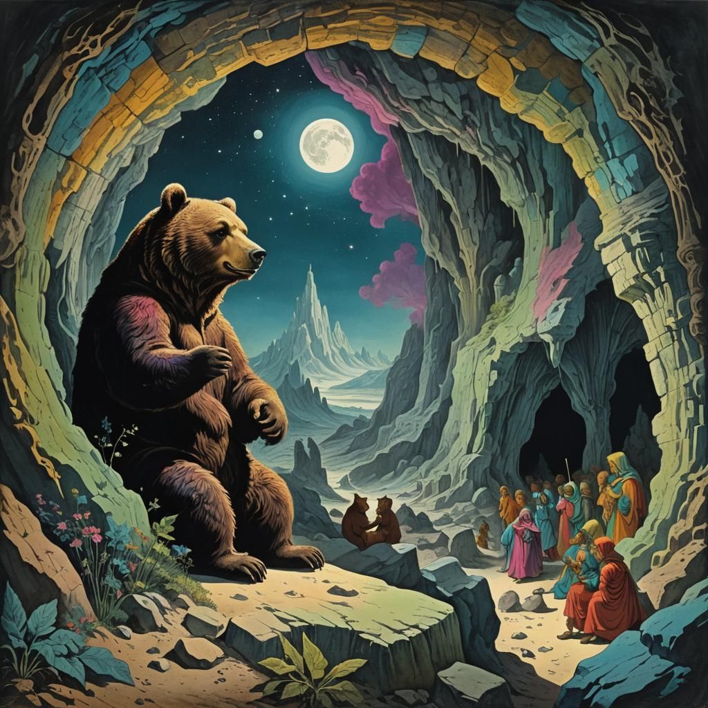 a cheerful bear guards women on the moon in a cave: Gustave Doré - AI Generated Artwork ...