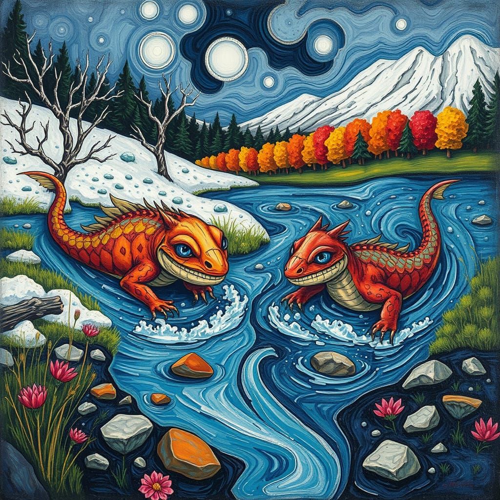 curious river creatures - Bold Expressionist Creatures in a...