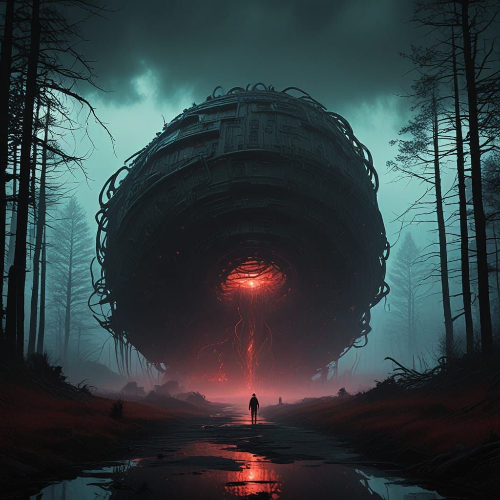 A twisted, biomechanical alien monstrosity emerges from the abyssal void, its nightmarish form ...