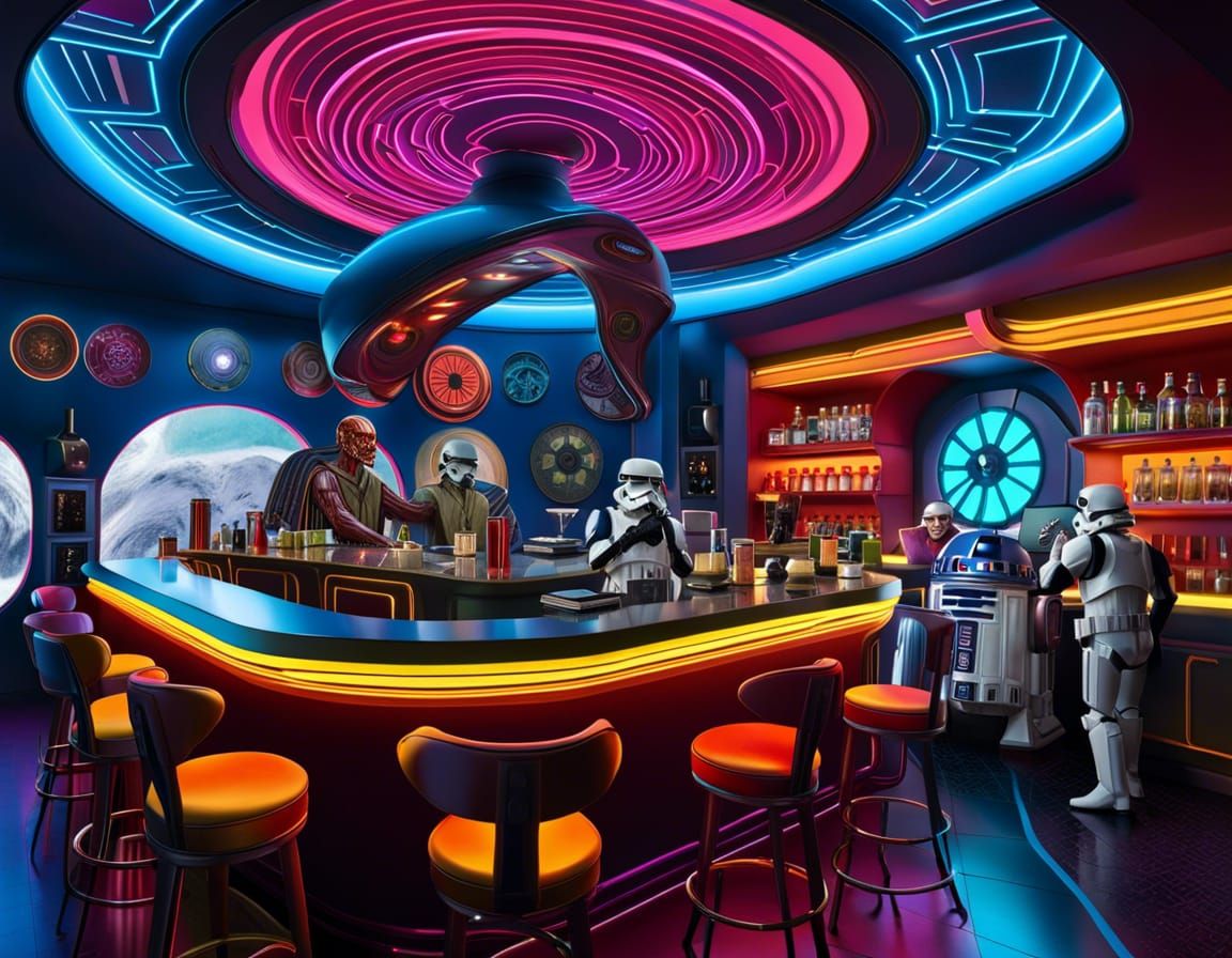 Interior of a hyperdetailed star wars bar styled coffee shop serving ...
