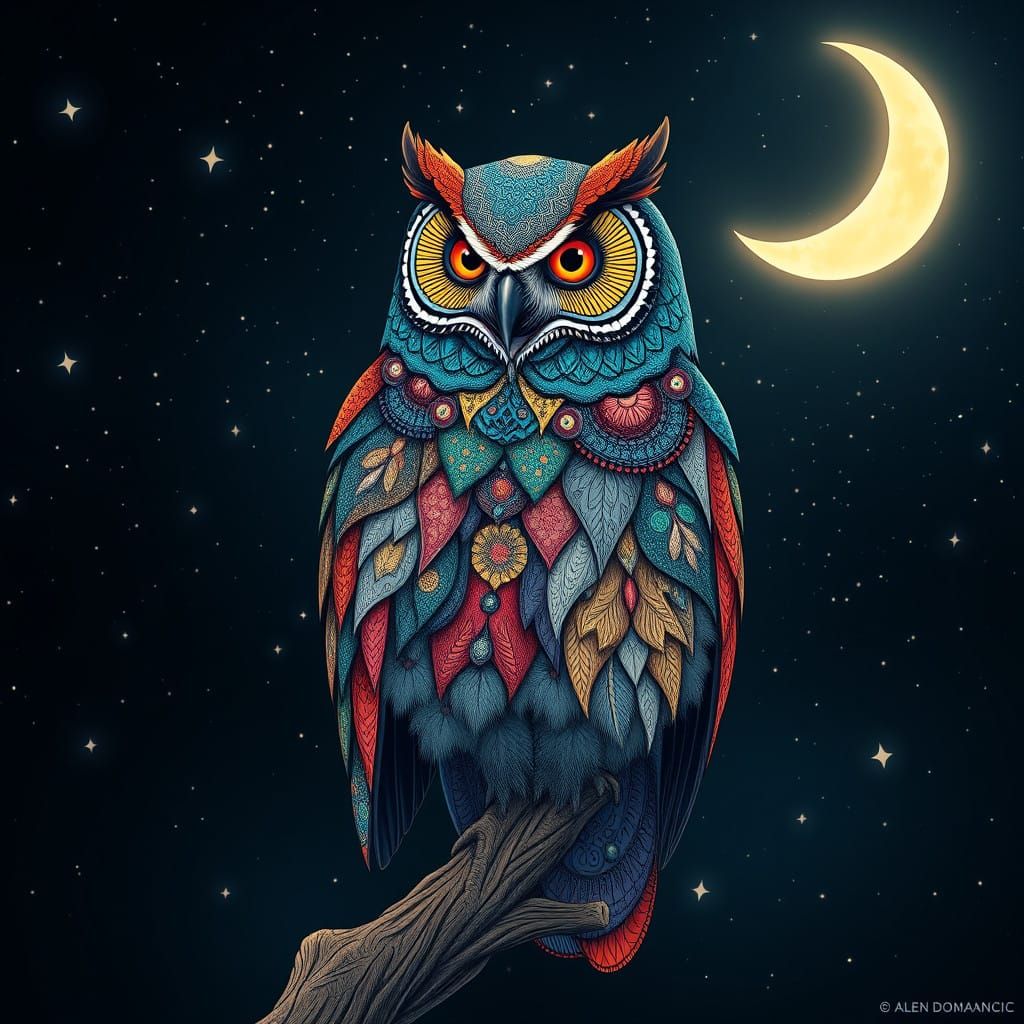 Enchanting Owl in Cosmic Digital Zentangle Art - AI Art