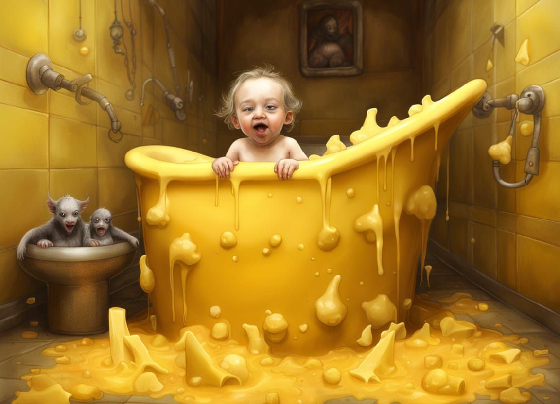 Babies made of cheese in a Wonderful bubble bath in a yellow melted ...