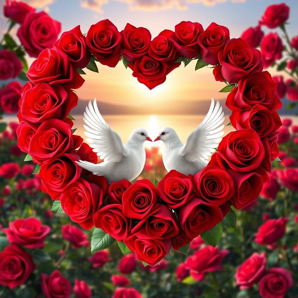 Hyper Realistic Heart Shaped Flower Wreath with Lo... - AI Art