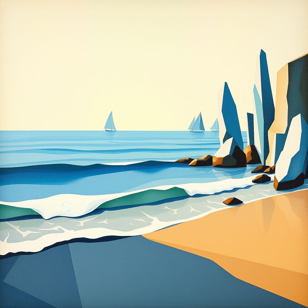 Stiller Tag am Meer - Cubist Coastal Scene in Warm Light