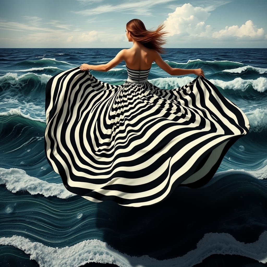 A woman dances in a black and white striped dress. The stripes of the ...