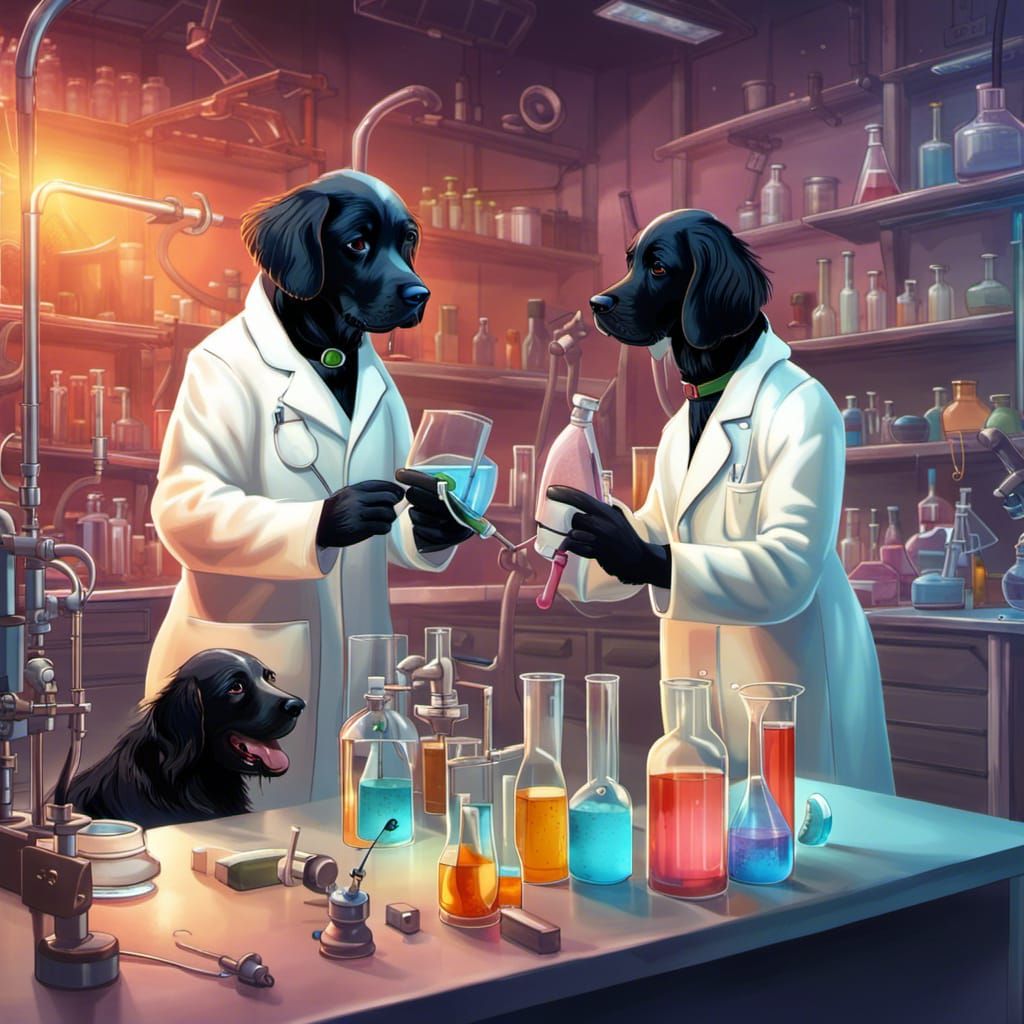 a black labrador and a black cocker spaniel, doing steamy science ...