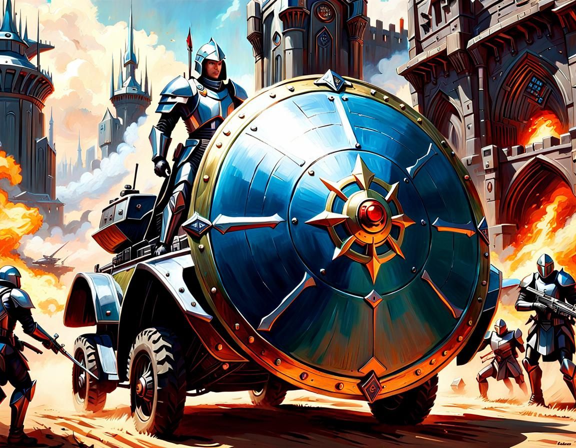 Futuristic medieval fusion: shielded véhicule on the battlefield - AI ...