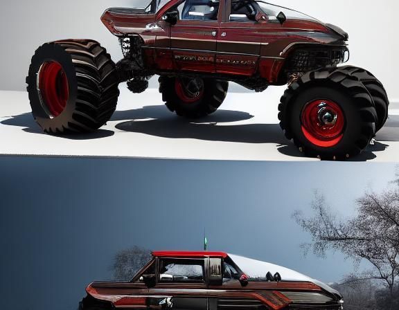 a beautiful glass sculpture of a "monster truck", ornate render, octane ...