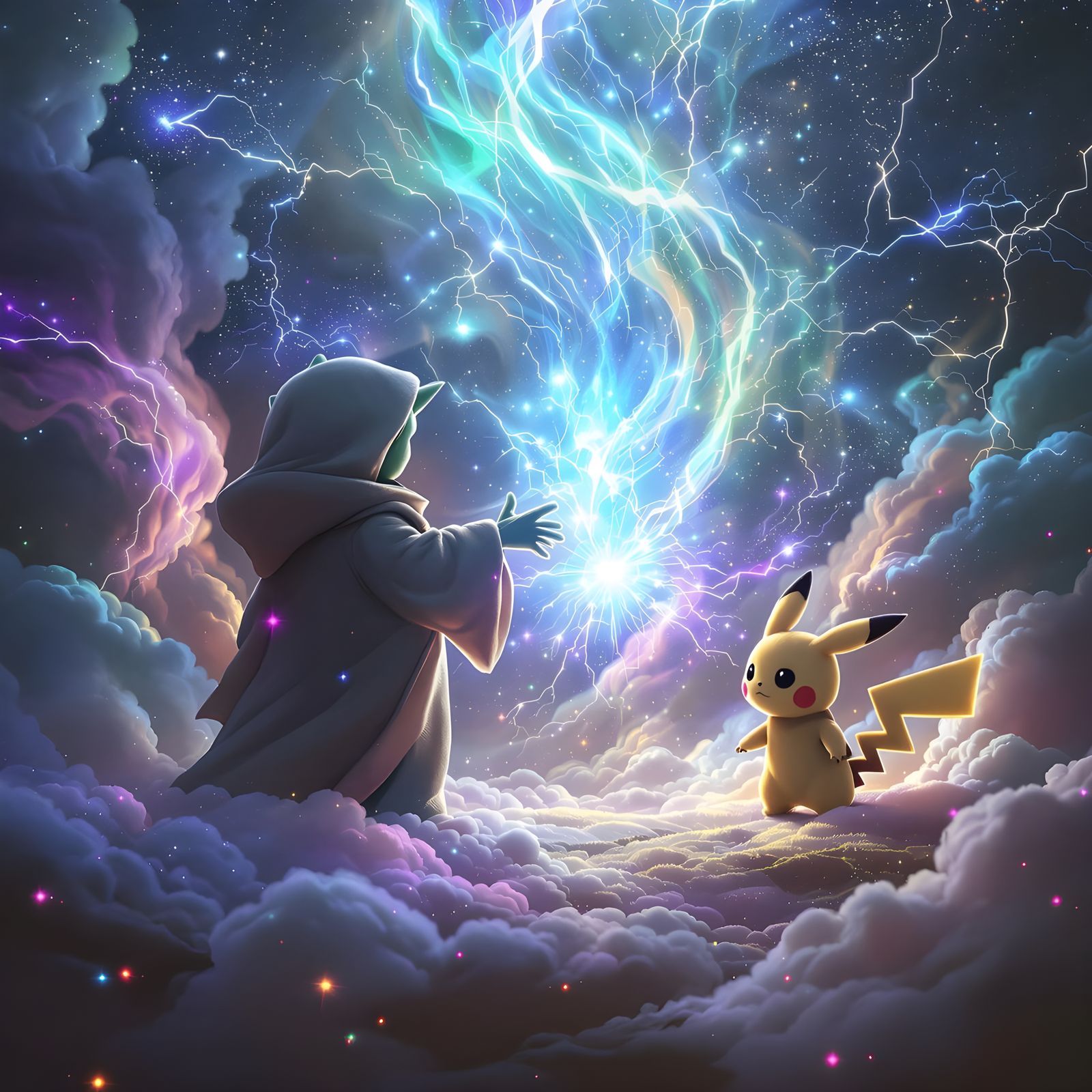 Grogu teaching Pikachu all of the force