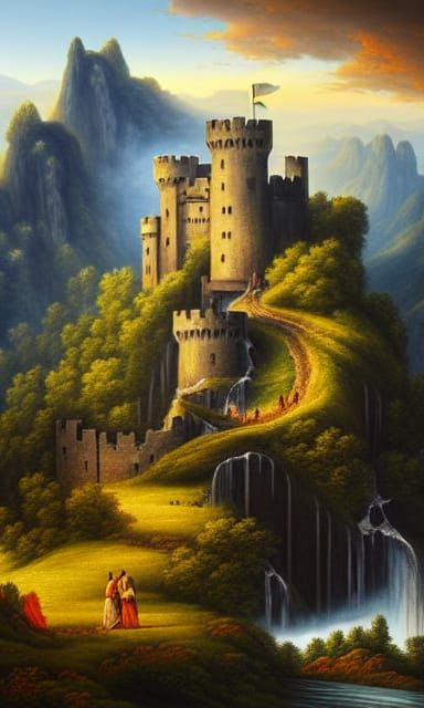 Romanticism landscape painting portraying a castle built on top of a ...