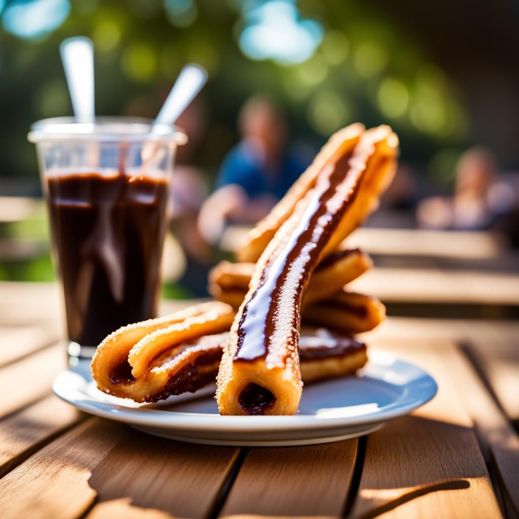 churros with chocolate sauce on a picnic table Professional photography ...