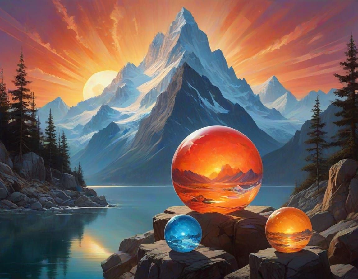 Crystal Cubism Mountain Scene: Vibrant Orbs and Ge... - AI Art