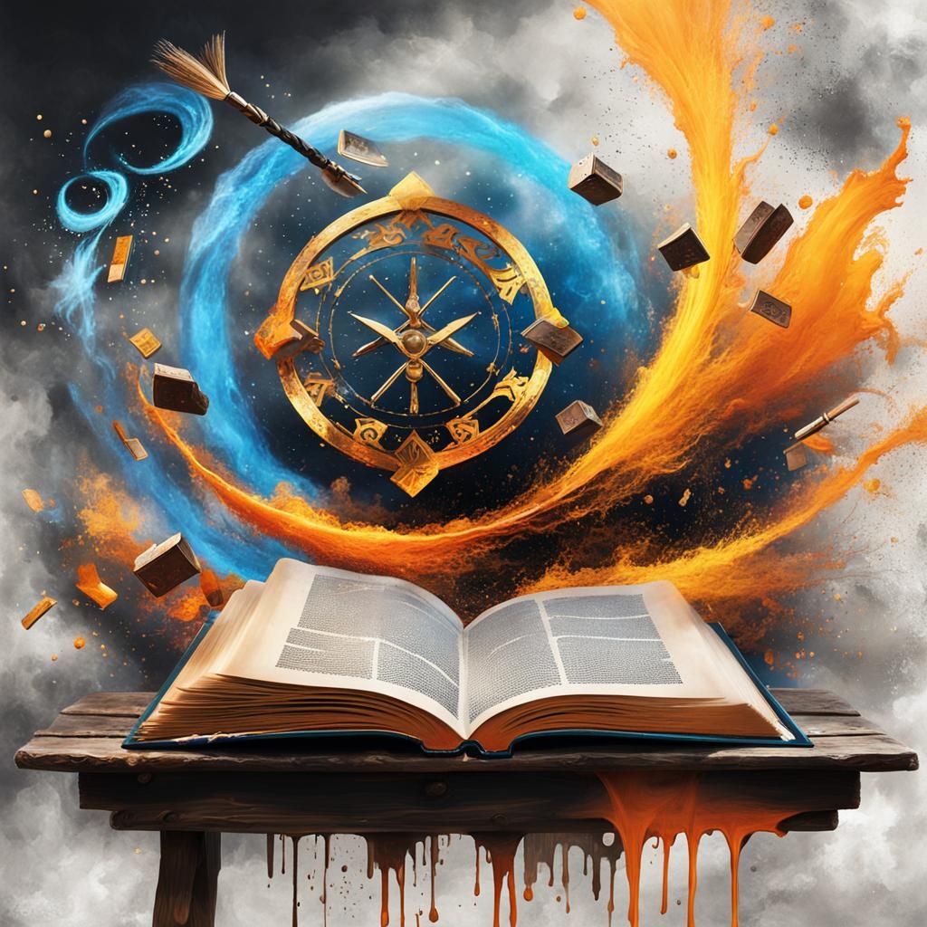 an open book sitting on top of a table, magical runes flying ...