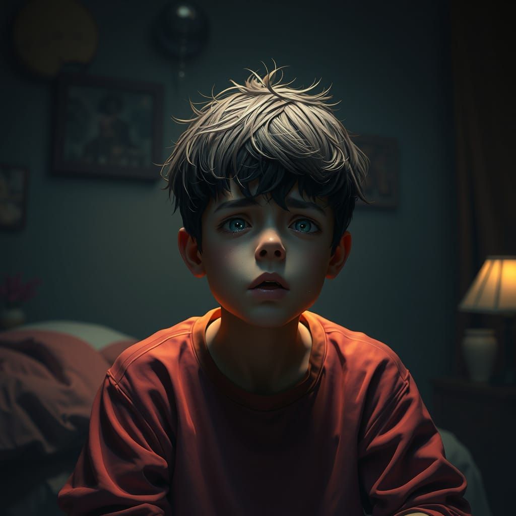 A boy crying in his room - Depressed Boy in a Fantastical Ro...