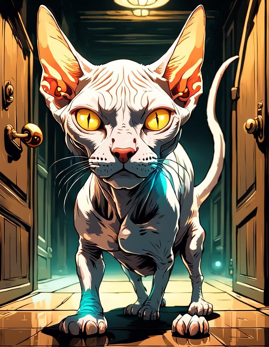 Cartoon masterpiece. An ugly skinny adult albino sphynx cat with ...