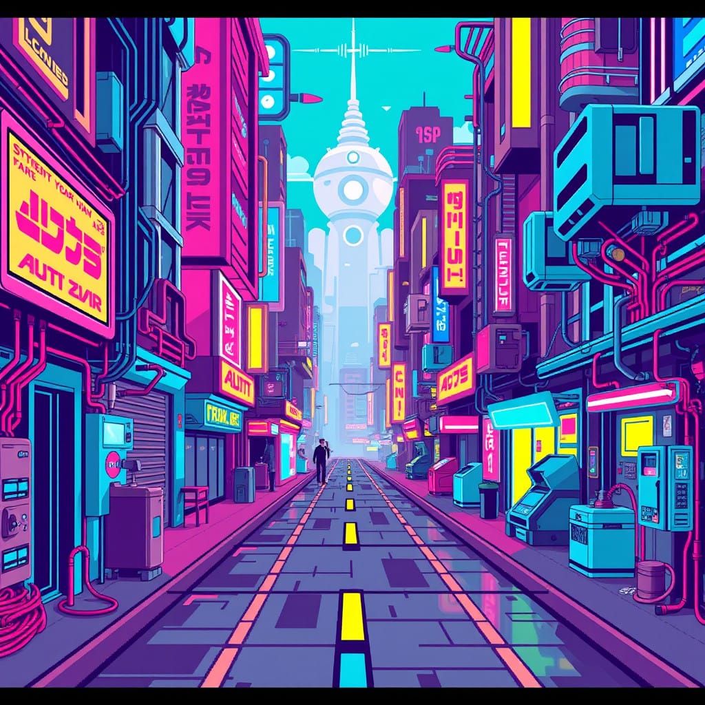 cyberpunk street, side-scroller view, 8-bit pixel art