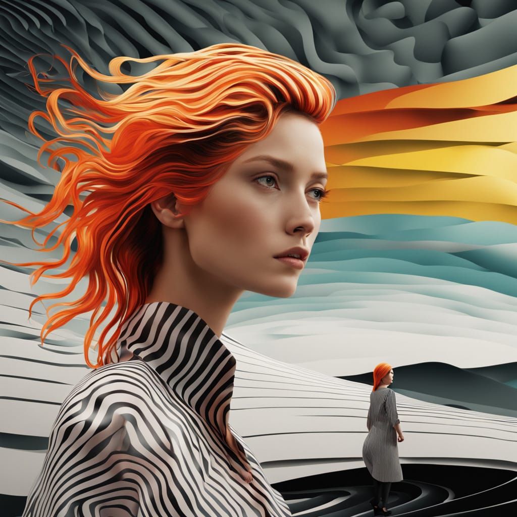 Optical Illusion: Woman in Vortex of Lines - AI Art