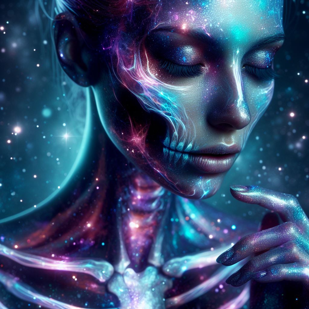 Stellar Essence: Galaxy's Hue upon Her Bones - AI Generated Artwork - NightCafe Creator