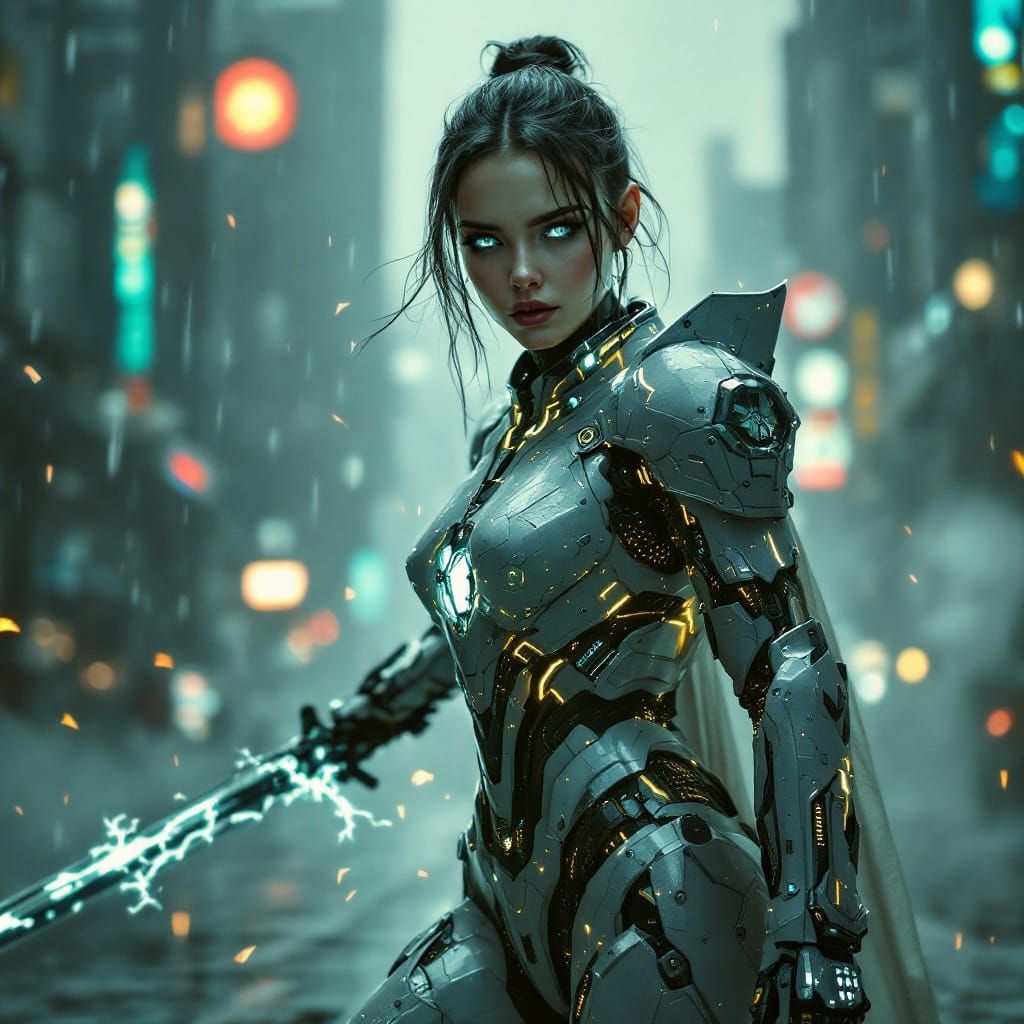Future Knight - Cyberpunk Fantasy Knight in Shimmering Exosu...