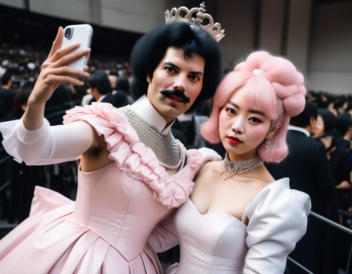 Angelic Japanese girl with pastel pink puffy gothic dress taking selfie with Freddie Mercury at ...