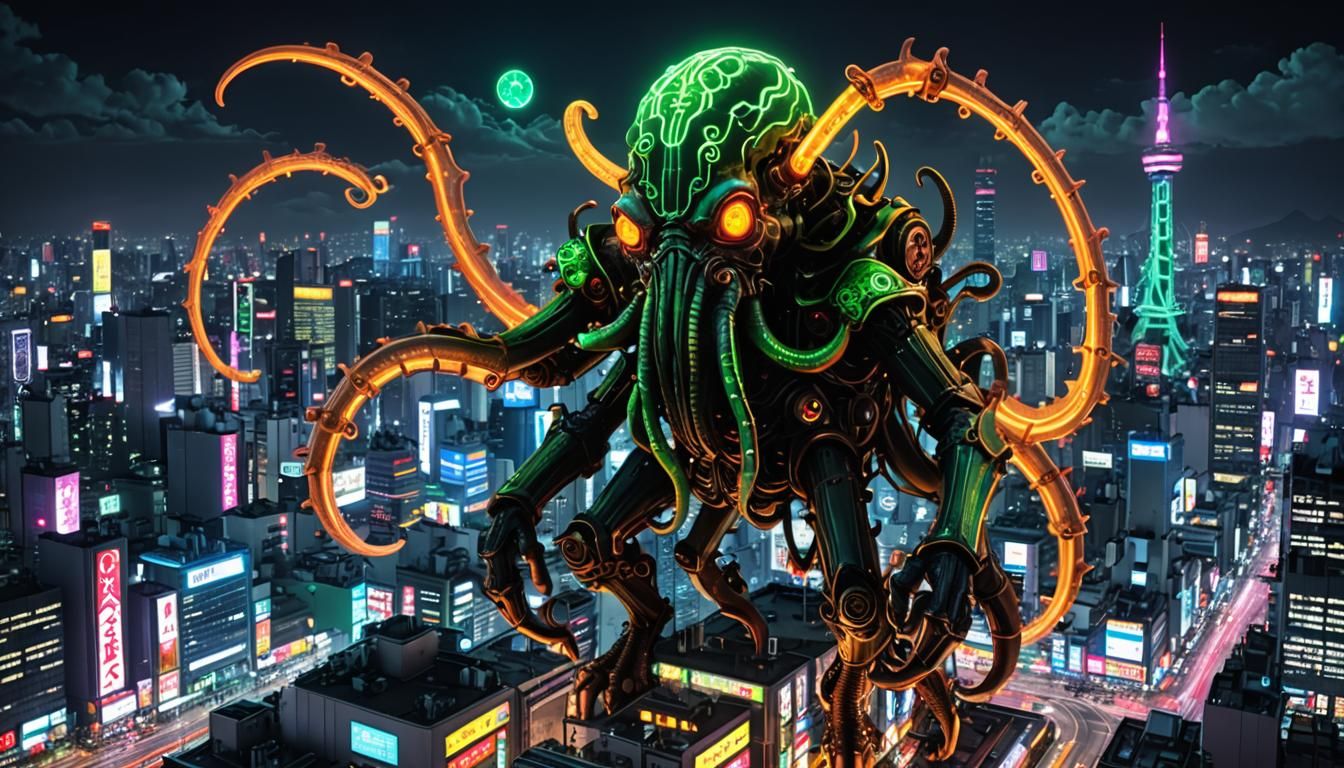Steampunk Cthulhu rising from a neon-lit Tokyo cityscape - AI Generated ...