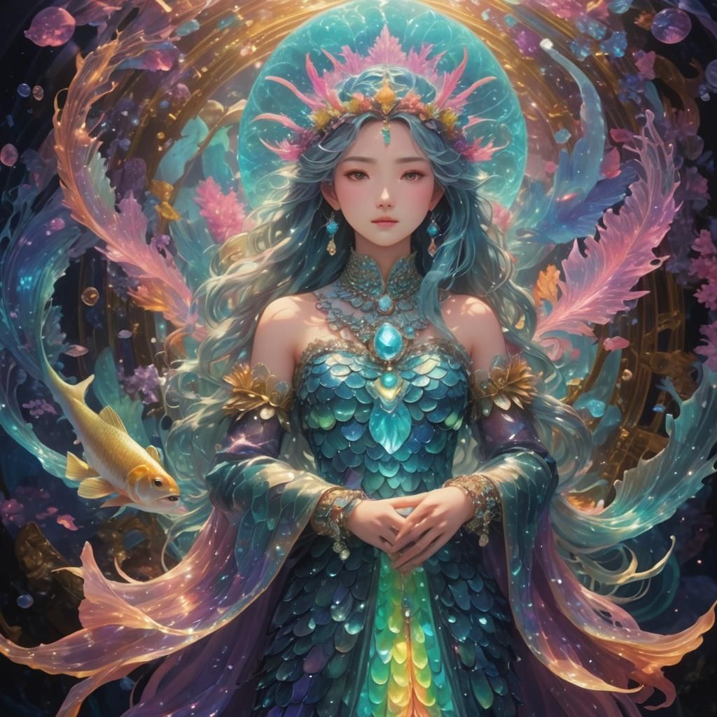 (magical artwork of a god of the sea with glittering fish scales on the ...