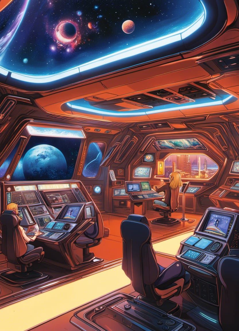 Vintage 90's anime style. cluttered starship interior; crew inside a ...