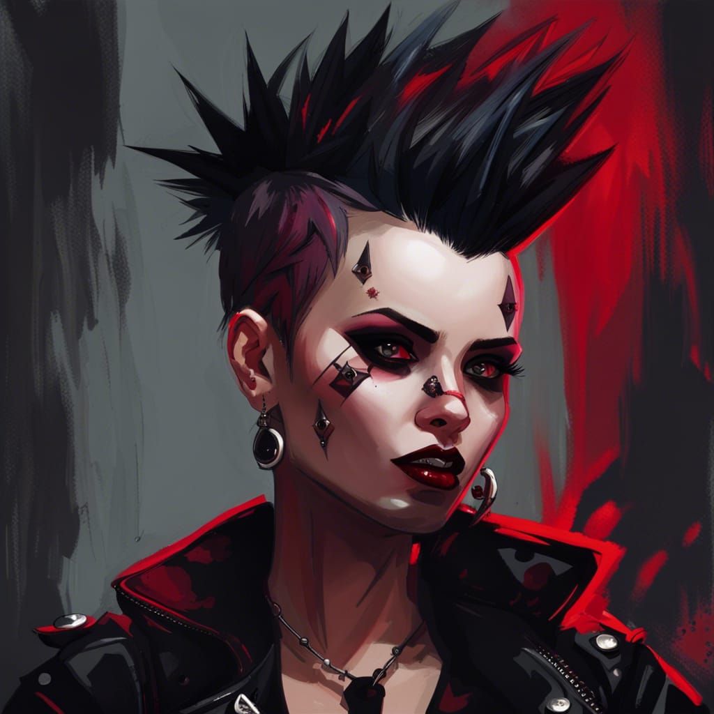 Bold portrait of a punk-girl in dark colors, black and red clothes ...