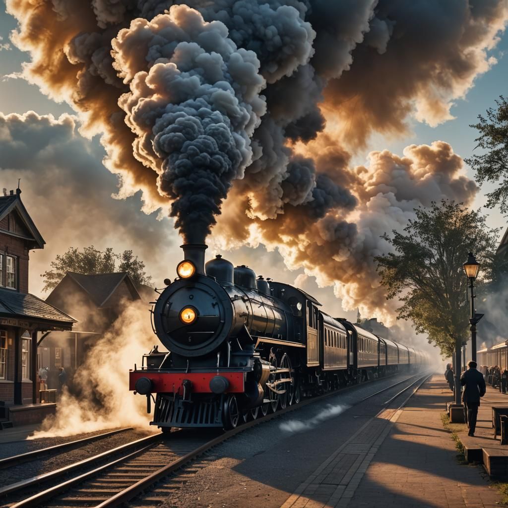 steam train, station, plumes of steam, sunrise, backlit, 4k - AI ...