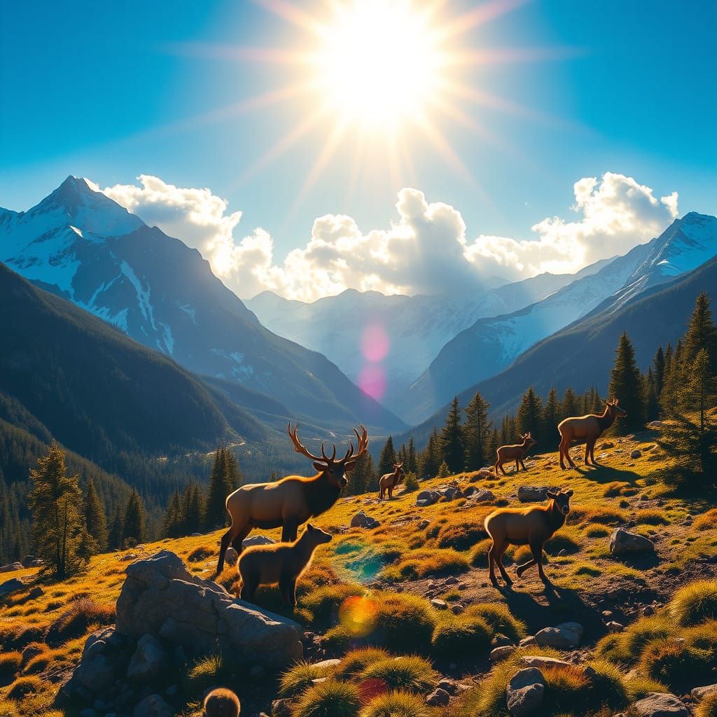 Wild Animals Bask in Rocky Mountains Sunshine - AI Art