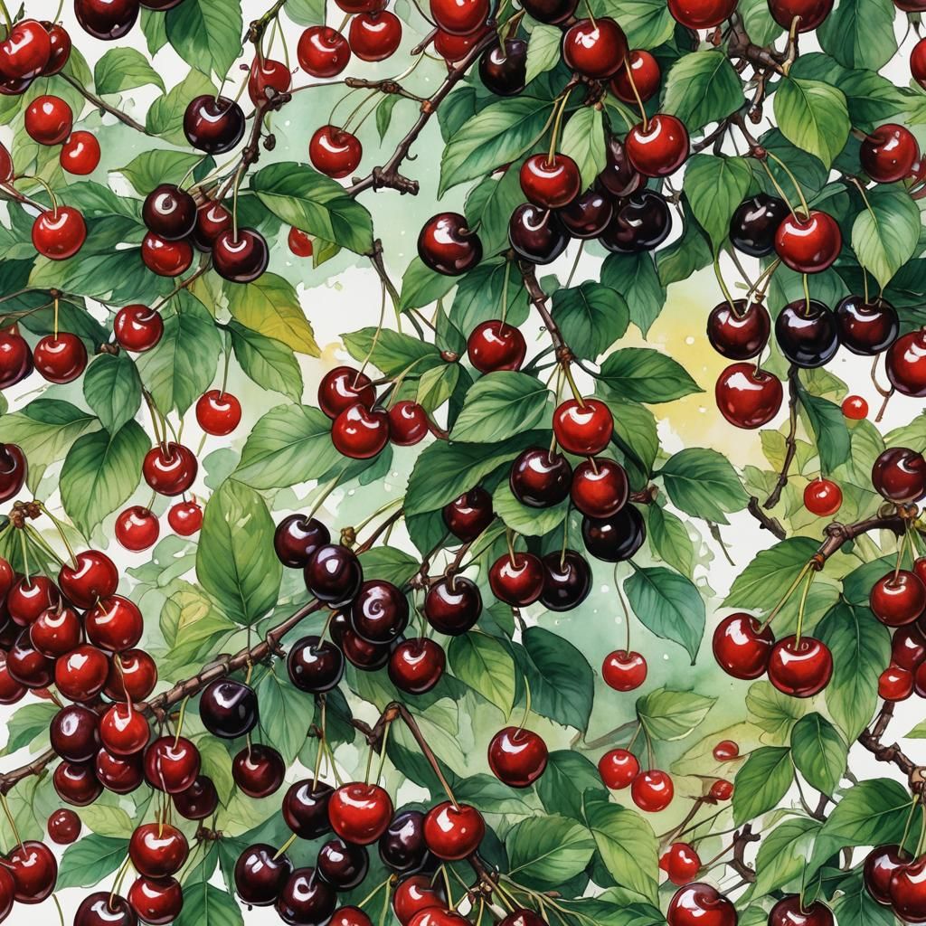 Cherries hyperdetailed watercolors hyperdetailed 8k light at dawn establishing shot, alcohol ink ...