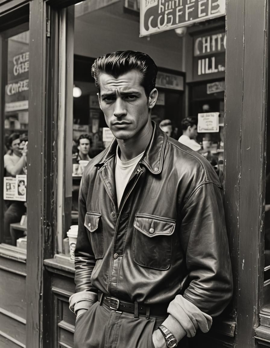 a vivid 1950 era street photography of a hansom Greaser - AI Generated ...