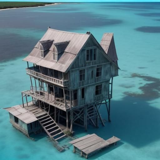 A multi-storey rickety old house on a tiny island in the middle of the ...