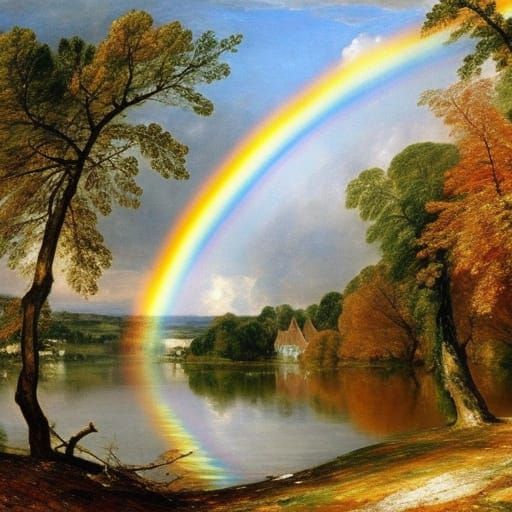a stunning beautiful rainbow, over a lake, in autumn. John Constable ...