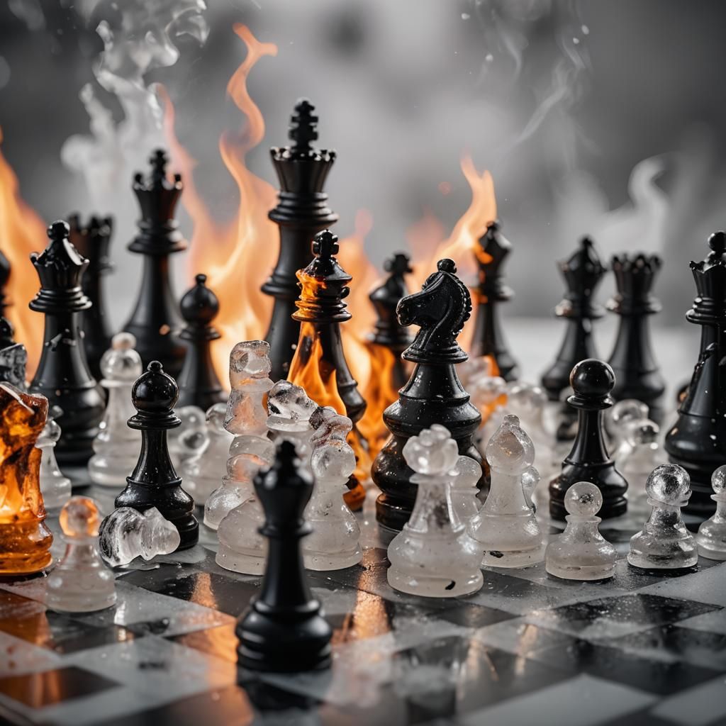 Chess board. all black figures burning with fire and all white figures ...