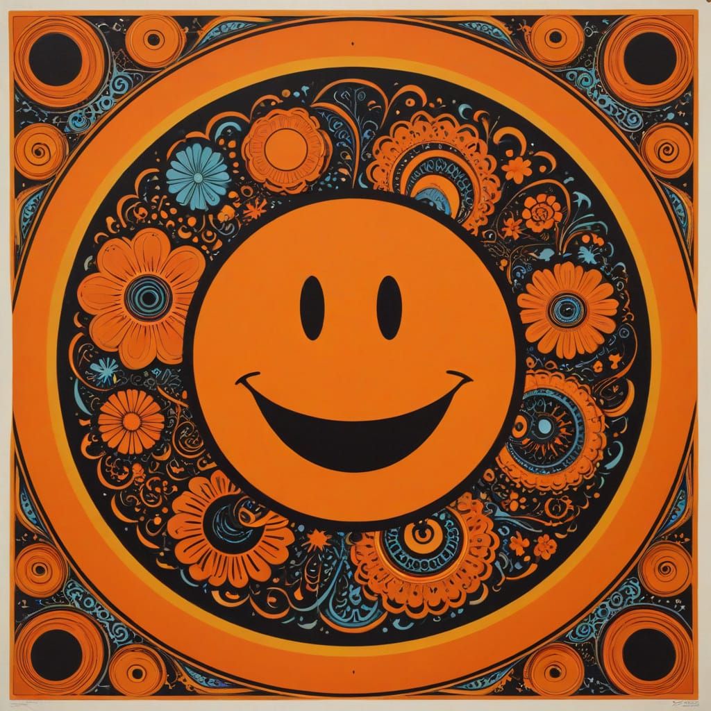 Psychedelic Rock Poster with an Orange Smiley Face... - AI Art
