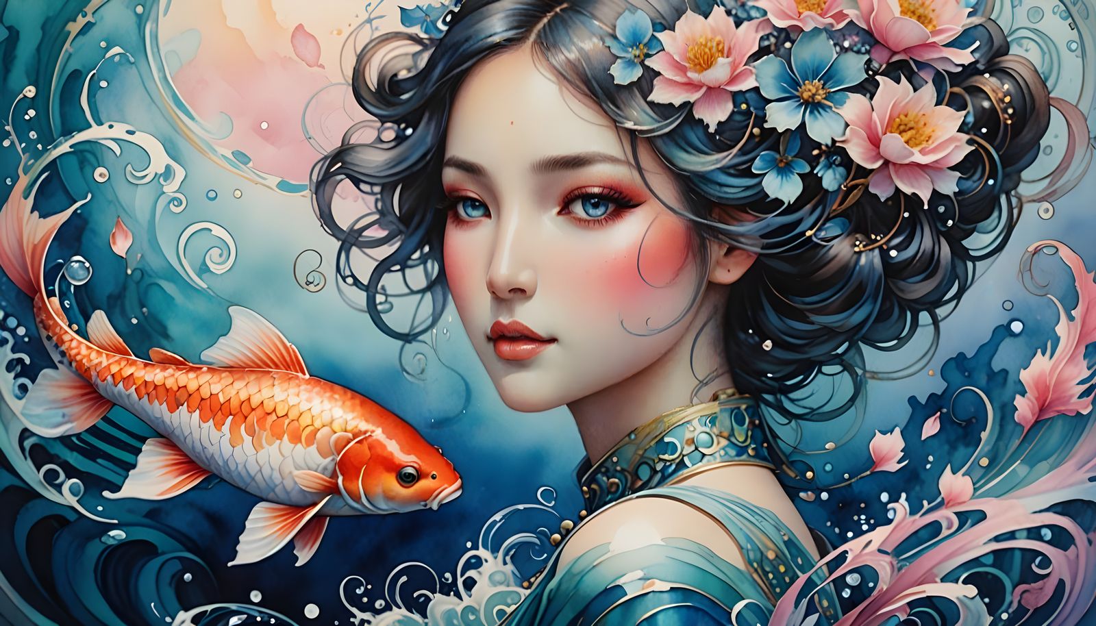 Pisces Zodiac - Vibrant Dreamy Koi Fish Watercolour Painti...