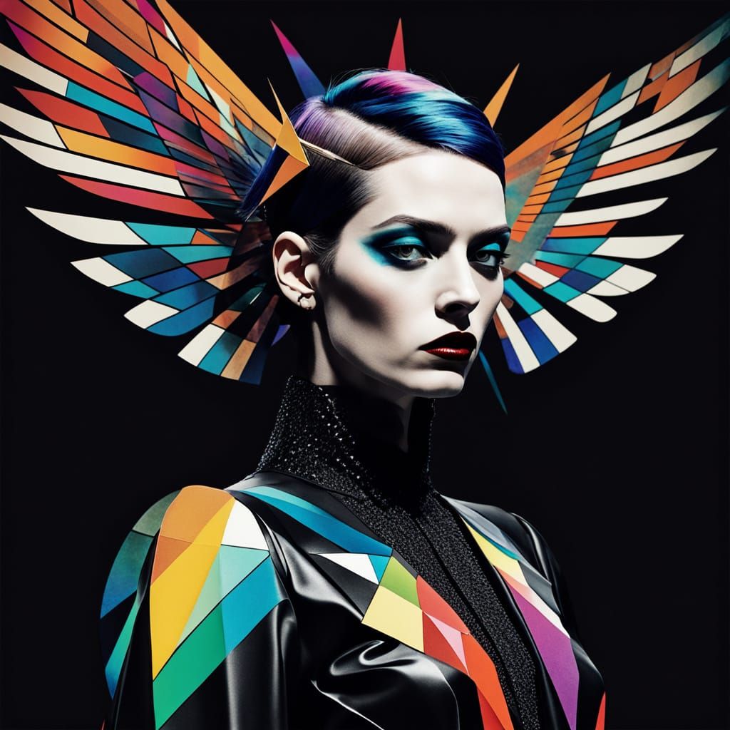 High fashion runway catwalk, Cubism goth woman with geometry wings on ...