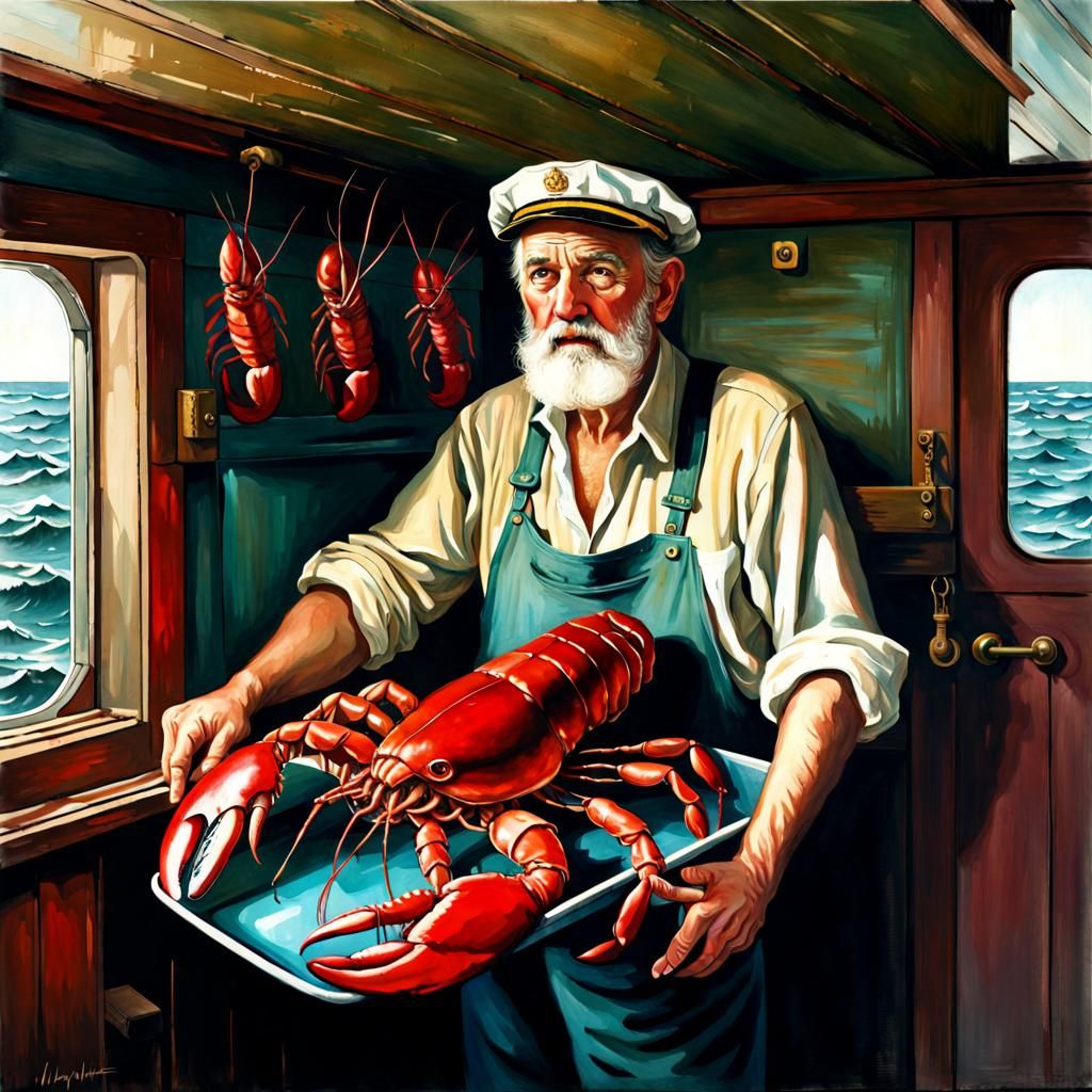 A well defined old sea captain standing on a beautiful lobster boat ...