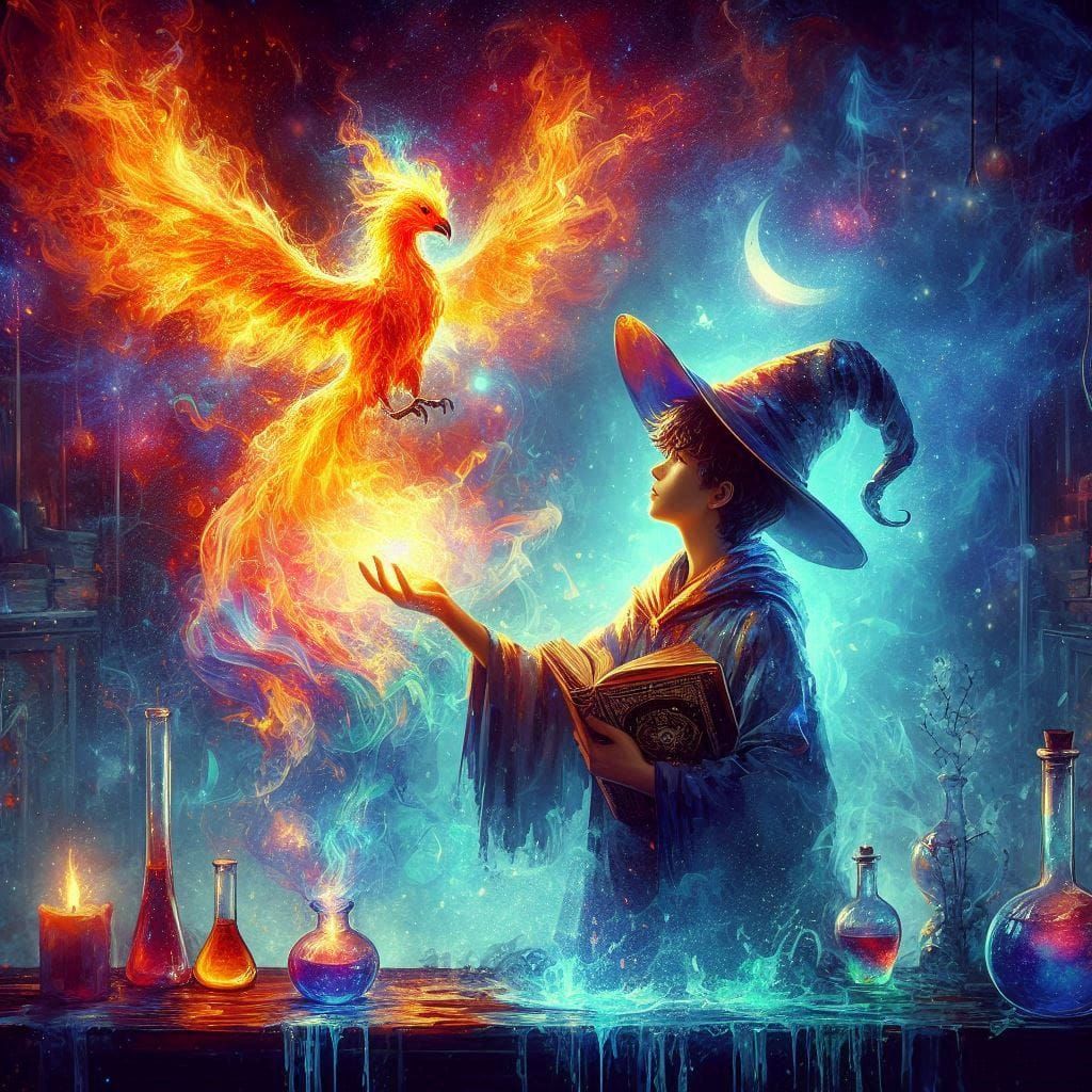 Young Wizard summoning a phoenix - AI Generated Artwork - NightCafe Creator