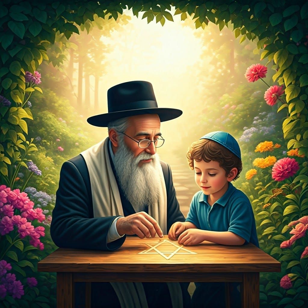 Whimsical Watercolor Scene of Rabbi and Child Stud... - AI Art