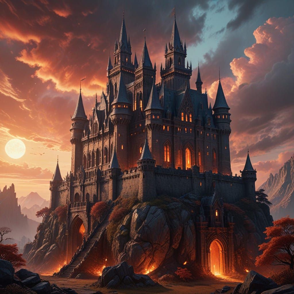 Ethereal Gothic Castle Under Bloodmoon - AI Art