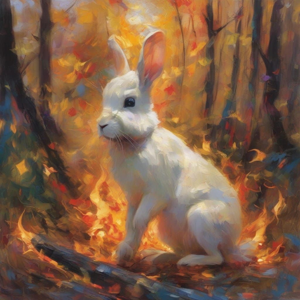 Fierce Rabbit Wields Blazing Elemental Swords in a... - AI Art