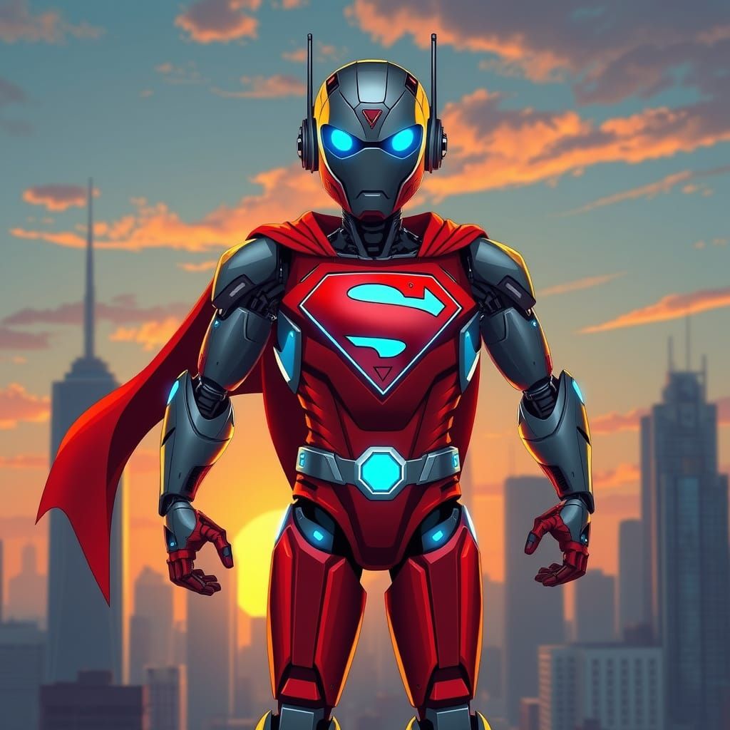 Android Bot as Superman in Futuristic Cityscape - AI Art
