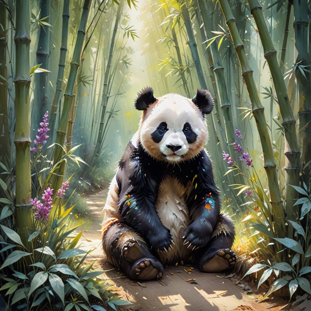 Adorable Panda on Sunlit Bamboo Path: Watercolour ... - AI Art