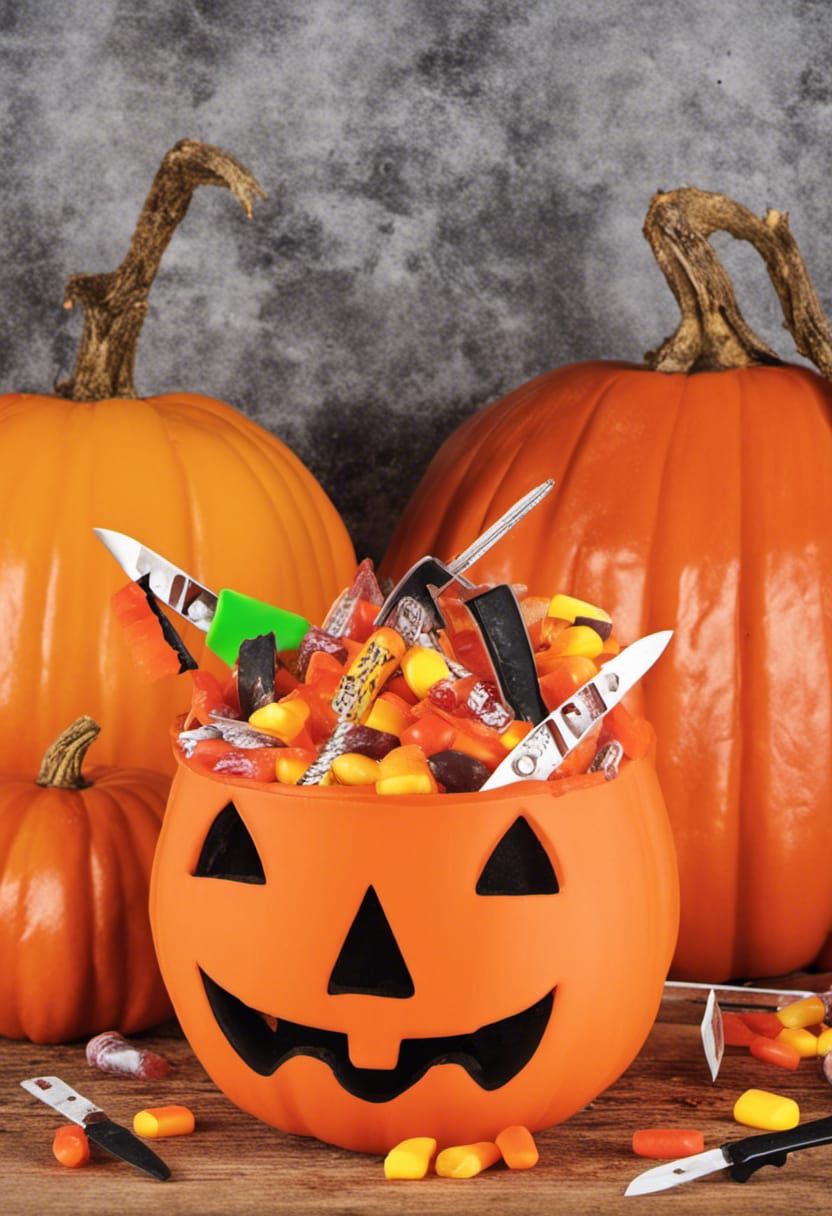 Halloween candy in pumpkin basket with razor blades knives and blood 8k ...